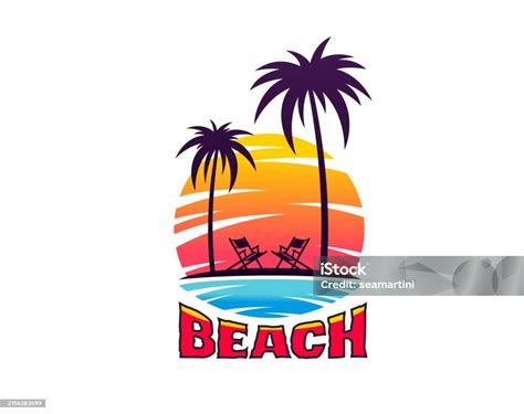 열 대 낙원 리조트 야자수와 일몰 하늘 벡터 여름 휴가 여행 및 관광과 여름 해변 아이콘 푸른 바다 파도 의자 및 코코넛 야자 실루엣이 있는 열대 섬 해변 0명에 대한 스톡