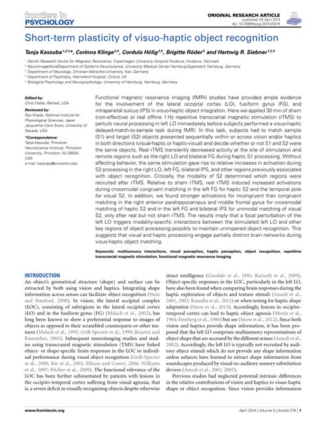 Pdf Short Term Plasticity Of Visuo Haptic Object Recognition