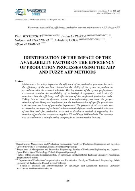Pdf Identification Of The Impact Of The Availability Factor On The Efficiency Of Production