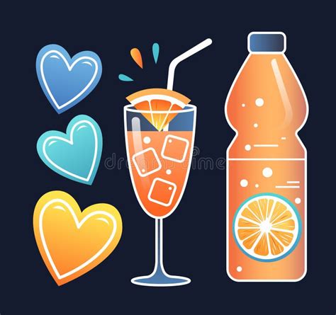 Orange Juice Bottle Glass Ice Cubes Citrus Slices Colorful Hearts Dark Background Stock