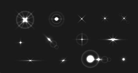 밝고 아름 다운 효과 별의 집합입니다 반짝이는 특별한 조명 효과로 반짝입니다 벡터가 투명한 배경에 반짝입니다 고품질 이미지를 만들기 위한 화면 혼합 모드 검은색에 대한 스톡