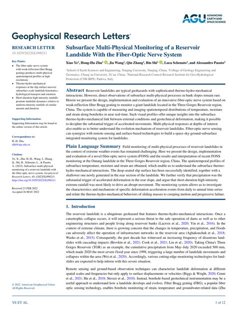 Subsurface Multi‐physical Monitoring Of A Reservoir Landslide With The