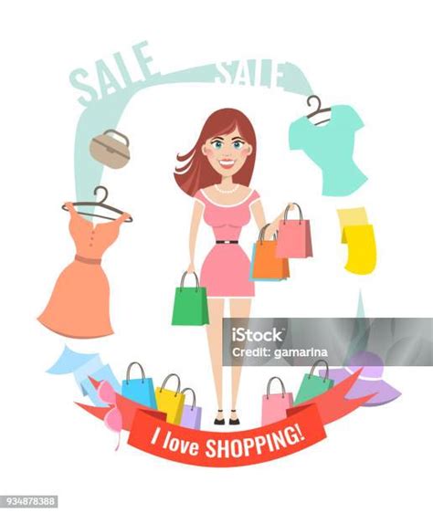 쇼핑백 패키지와 여자입니다 나는 쇼핑을 사랑 해요 벡터 일러스트 레이 션 가방에 대한 스톡 벡터 아트 및 기타 이미지 가방 귀여운 드레스 Istock