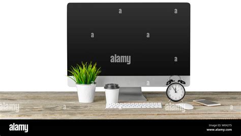 Computer Monitor Black Screen With Keyboard On White Table Education