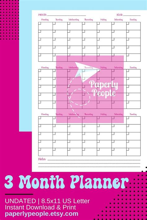 3 Month Calendar Printable Planner Sheet 85x11 Letter Sized