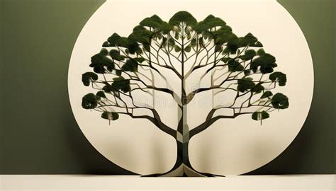 Abstract Geometric Tree With A Circular Canopy And A Rectangular Trunk In Limited Color Palette