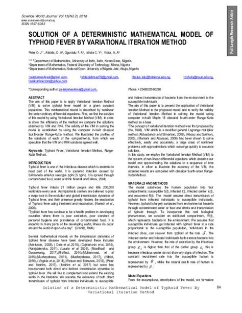 Pdf Solution Of A Deterministic Mathematical Model Of Typhoid Fever By Variational Iteration