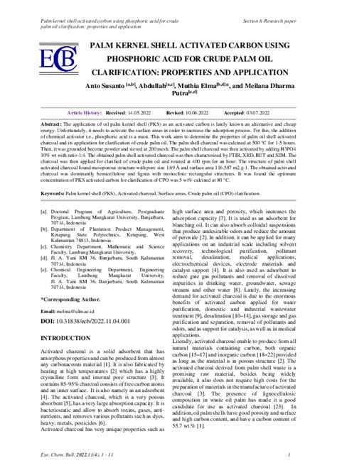 Pdf Palm Kernel Shell Activated Carbon Using Phosphoric Acid For Crude Palm Oil Clarification