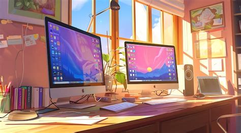 Cozy Workspace With Dual Monitors And Computers Premium Ai Generated Image