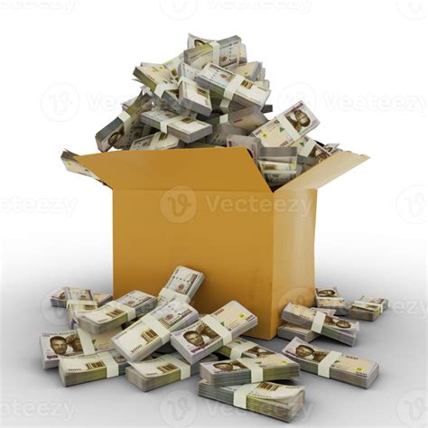D Rendering Of Cardboard Box Full Of Nigerian Naira Notes Isolated On A Transparent Background