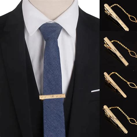 New Gold Metal Tie Clip With Chain For Men Wedding Necktie Clasp