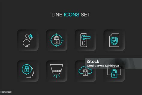 라인 폴더 및 잠금 설정 클라우드 컴퓨팅 화재 스프링클러 시스템 잠금 방패 계약 지문 도어 및 폭탄 아이콘 벡터 개성 개념에