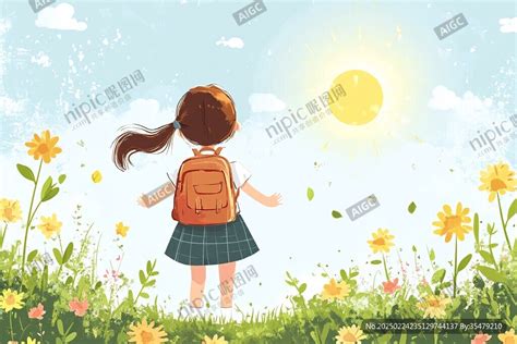 Ai创作图开学季儿童去学校插画 去上学插画 美好童年插画 上学插画 清爽开学背景 小学生插画 夏天毕业旅行户外插画 插画小学生 手绘独自春游的小姑娘 小学生背影 女孩背影女孩插画 午后的小女孩