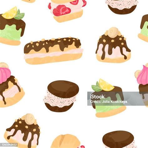 플랫 만화 스타일의 다양한 케이크 에클레어 및 수익 벡터 원활한 패턴 흰색 배경에 초콜릿 딸기와 과일을 귀여운 다채로운 디저트
