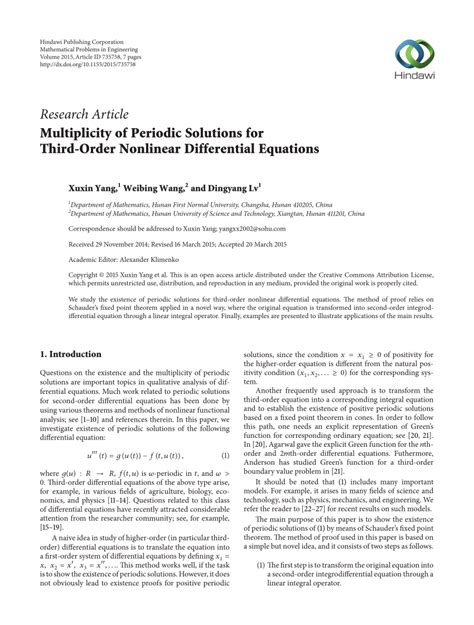 Pdf Multiplicity Of Periodic Solutions For Third Order Nonlinear Differential Equations