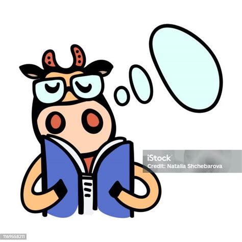 벡터 일러스트 라인 만화 갈색 암소 안경을 착용하고 책을 읽고 텍스트에 대한 음성 거품 손으로 그린 고립 패키지 포스터 라벨 디자인 배너 전단지 등에 적용 가능 귀여운에