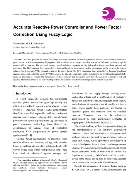 Pdf Accurate Reactive Power Controller And Power Factor Correction Using Fuzzy Logic