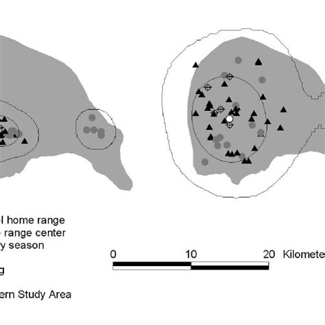 1 Examples Of Average Sized Multi Year Kernel Home Ranges For Female Download Scientific