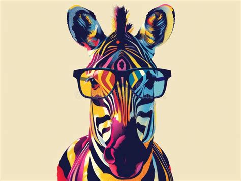 A Colorful Zebra Wearing Glasses Looks Directly At The Viewer Stock