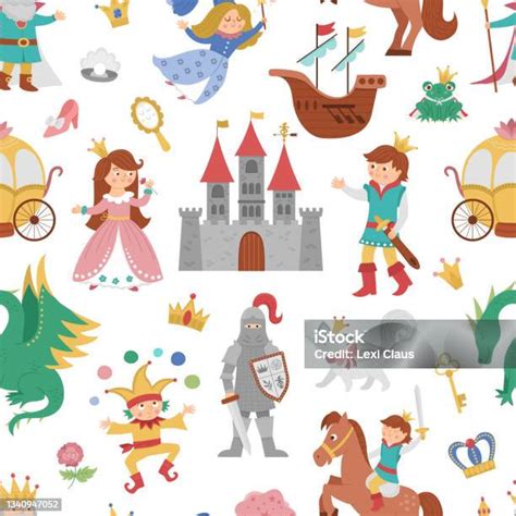 동화 캐릭터와 개체와 원활한 패턴 판타지 공주 왕 여왕 마녀 기사 유니콘 용과 배경을 반복합니다 중세 동화 마법 성 디지털 종이