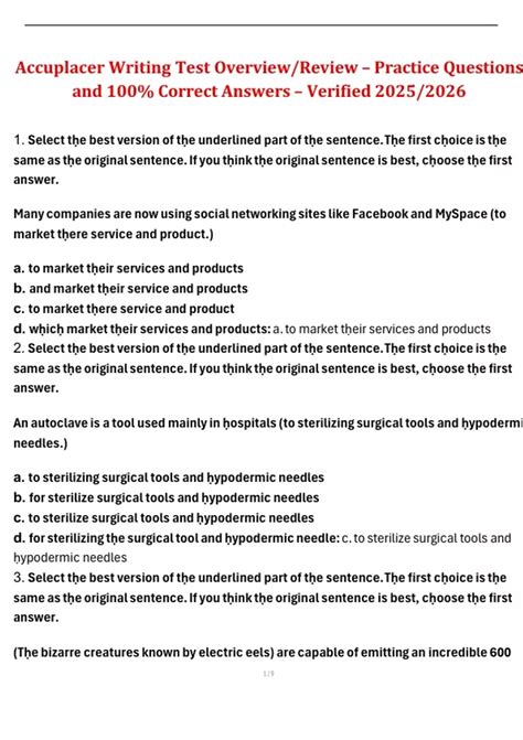 Accuplacer Writing Test Overview Review Practice Questions And 100 Correct Answers