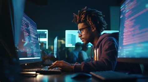 Premium Photo A Smart Male Programmer Works At A Desktop Computer In The Systems Control Room