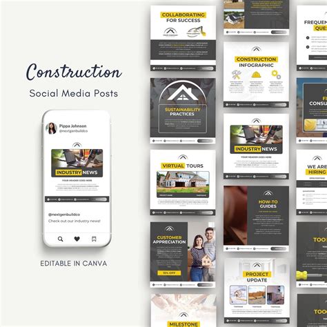 Construction Social Media Templates Canva Editable Posts Digital