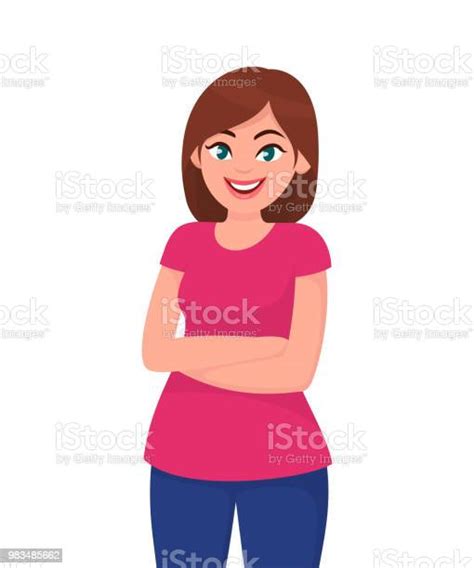 교차 하는 팔을 유지 하는 스마트 캐주얼에 자부 하 고 아름 다운 젊은 여자와 웃 고 젊은 미소 여자의 초상화입니다 여자 손이 접혀 십자가에 대한 스톡 벡터 아트 및 기타