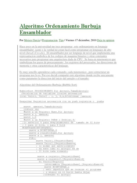 Implementación Del Algoritmo De Ordenamiento Burbuja En Ensamblador Masm 6 11 Pdf Lenguaje
