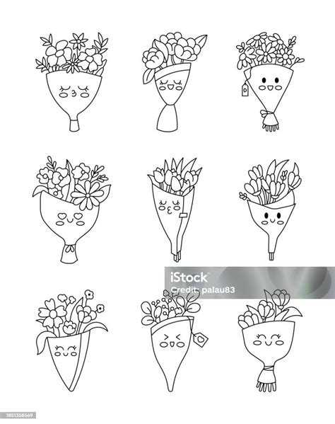Ilustración De Lindo Ramo De Flores Kawaii Dibujo Para Colorear
