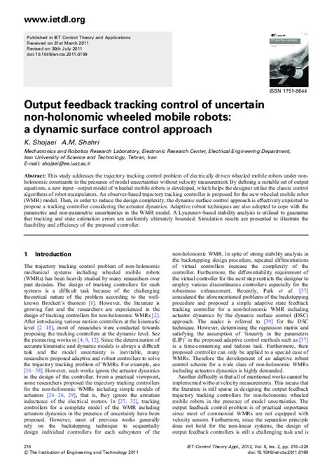 Pdf Output Feedback Tracking Control Of Uncertain Non Holonomic Wheeled Mobile Robots A