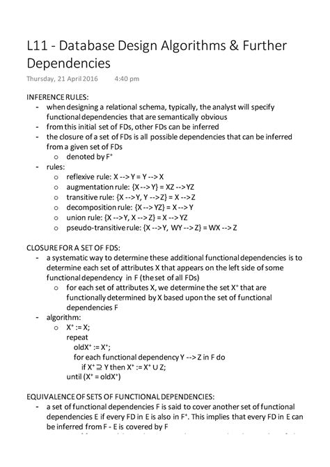 L11 Database Design Algorithms And Further Dependencies L11 Database Design Algorithms