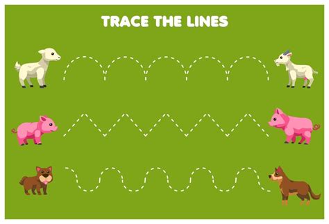 어린이 필기 연습을 위한 교육 게임은 귀여운 만화 염소 돼지 개 그림 인쇄 가능한 농장 워크시트로 선을 추적합니다 프리미엄 벡터