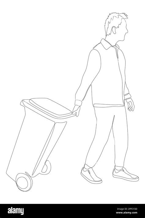 One Continuous Line Of Man With Garbage Bin Thin Line Illustration Vector Concept Contour