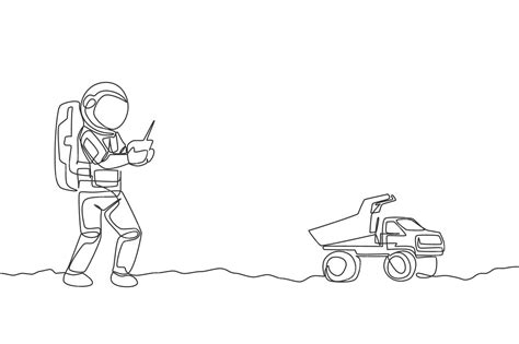 Premium Vector One Continuous Line Drawing Astronaut Playing Dump Truck Radio Control In Moon