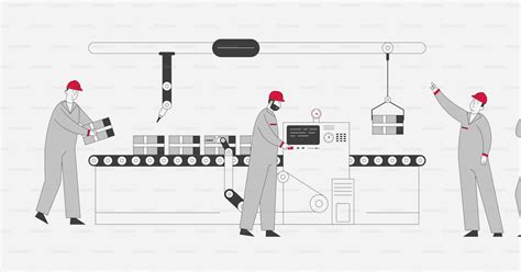 스마트 팩토리 개념 로봇 손 작업자는 생산 라인을 조립합니다 컨베이어 벨트 자동화 프로세스 혁신 제조 산업 만화 평면 벡터 일러스트레이션 라인 아트 벡터