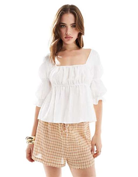 Asos Design Square Neck Puff Sleeve Blouse In Ivory Asos