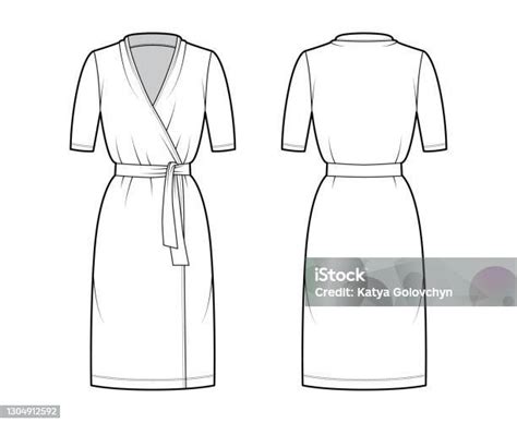 깊은 V넥 반소매 오버사이즈 무릎 길이 연필 컷 넥타이로 랩 드레스 테크니컬 패션 일러스트 플랫 0명에 대한 스톡 벡터 아트 및 기타 이미지 Istock