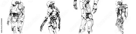 Detailed Sketch Of Humanoid Robots Displaying Various Postures And Designs In A Futuristic