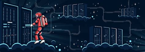 우주복을 입은 우주 비행사는 우주에서 상호 연결된 대규모 서버를 유지합니다 개념에 대한 스톡 벡터 아트 및 기타 이미지 개념