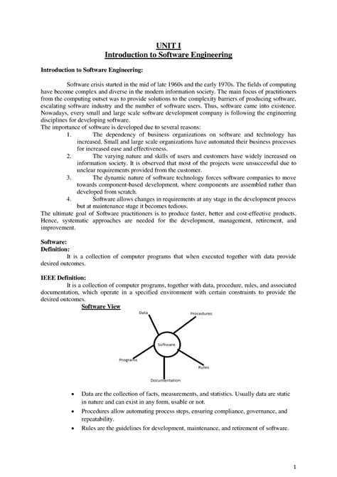 Software Engineering Notes Unit 1 Unit I Introduction To Software Engineering Introduction To