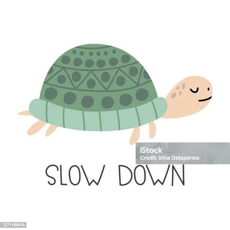 글자를 쓴 귀여운 거북이 속도가 느려집니다 흰색 배경에 격리 된 플랫 스타일의 벡터 그림입니다 스티커 패치 또는 포스터에 대한 훌륭한 디자인 요소 거북이에 대한 스톡 벡터