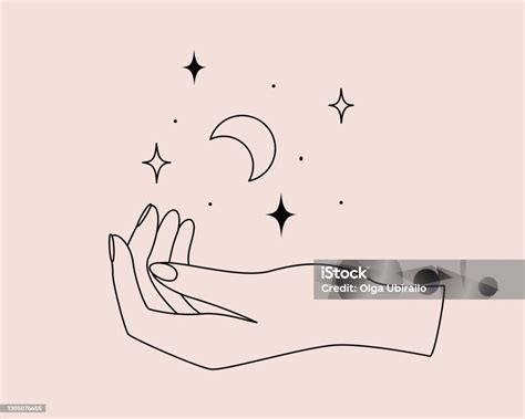 심플한 스타일로 손 달 별의 마법 기호가 있는 신비한 로고 명상 엠블럼 배지 스티커 인쇄 및 임시 문신에 대한 벡터 일러스트레이션 삭에 대한 스톡 벡터 아트 및 기타 이미지