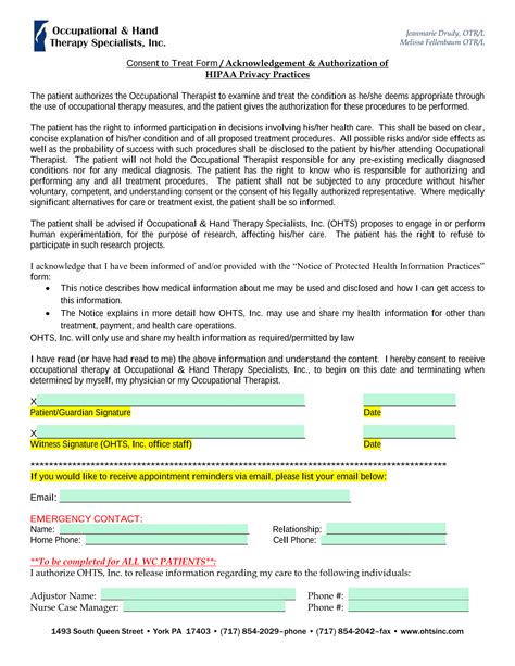 Consent To Treat Form Acknowledgement Authorization Of Hipaa Privacy