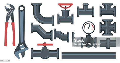 집합 피팅 탭 굴곡 피팅 및 렌치 파이프라인 하수도 가스 파이프라인 및 액체용 예비 부품 흰색 배경에 격리 일러스트 벡터 배수관에 대한 스톡 벡터 아트 및 기타 이미지