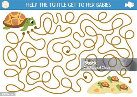 거북이 조개 모래가 있는 아이들을 위한 바다 미로 아래 바다 또는 어머니의 날 유치원 인쇄 가능한 활동 물 미로 게임 또는 퍼즐 거북이가 아기에게 다가 갈 수 있도록