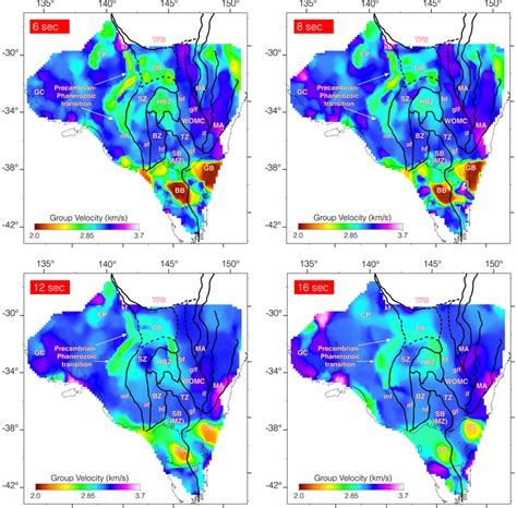 Group Velocity Maps Maps Of 6 8 12 And 16 S Period Rayleigh Wave Download Scientific Diagram