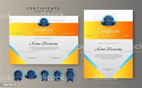 파란색과 노란색 주황색 업적 증명서 고급 배지와 현대적인 라인 패턴이있는 국경 템플릿 수상 비즈니스 및 교육 요구 사항 감탄에