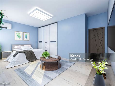 단단한 나무 사용자 지정 옷장 및 파란 벽 커피 테이블 침대 Tv 앞 장식 더블 침대 넓고 무인 침실 디자인 등 방에 있는 녹색 식물 0명에 대한 스톡 사진 및 기타 이미지