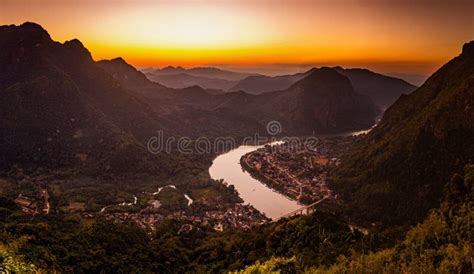 Sunset Aerial View Of Nong Khiaw La Stock Image Image Of River